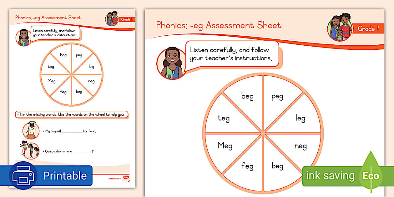 Grade 1 Phonics: -eg Assessment Sheet (teacher made)