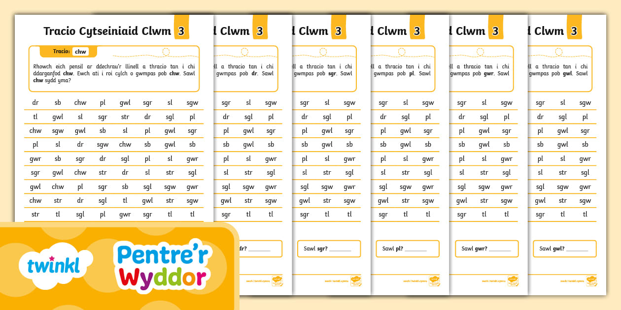 Pentre'r Wyddor: Taflenni Tracio Cytseiniaid Clwm 3