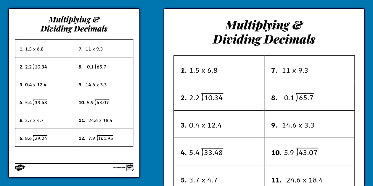 Sixth Grade Multiplying & Dividing Decimals Worksheet