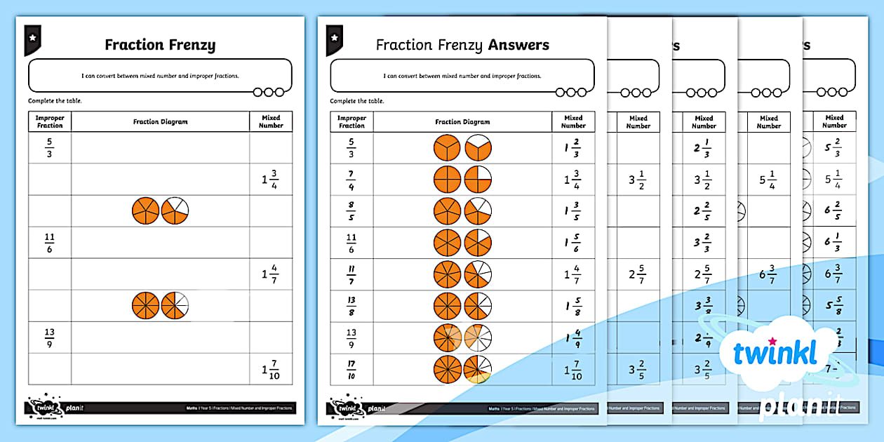 Mixed fractions and improper fractions worksheet | Year 5