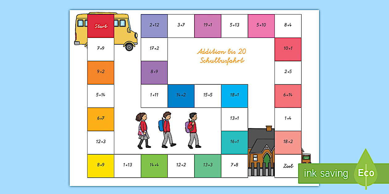 Editable Addition bis 20 Schulbusfahrt Brettspiel - Twinkl