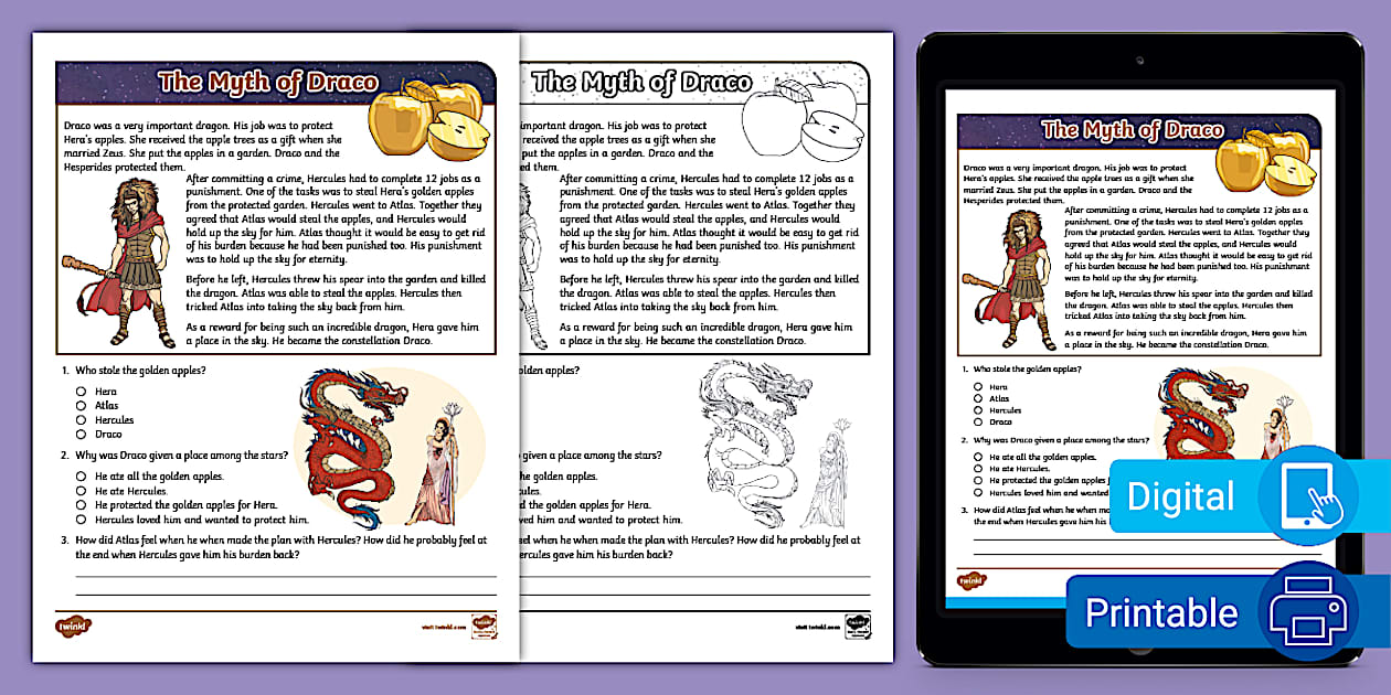 Fourth Grade The Myth of Draco Reading Passage Comprehension Worksheet