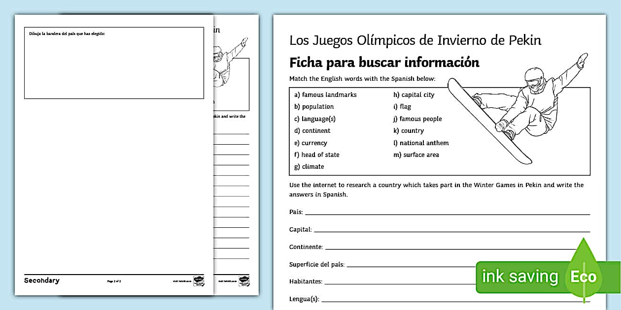 Winter Olympics 2018 Research with Support Worksheet / Worksheet Spanish