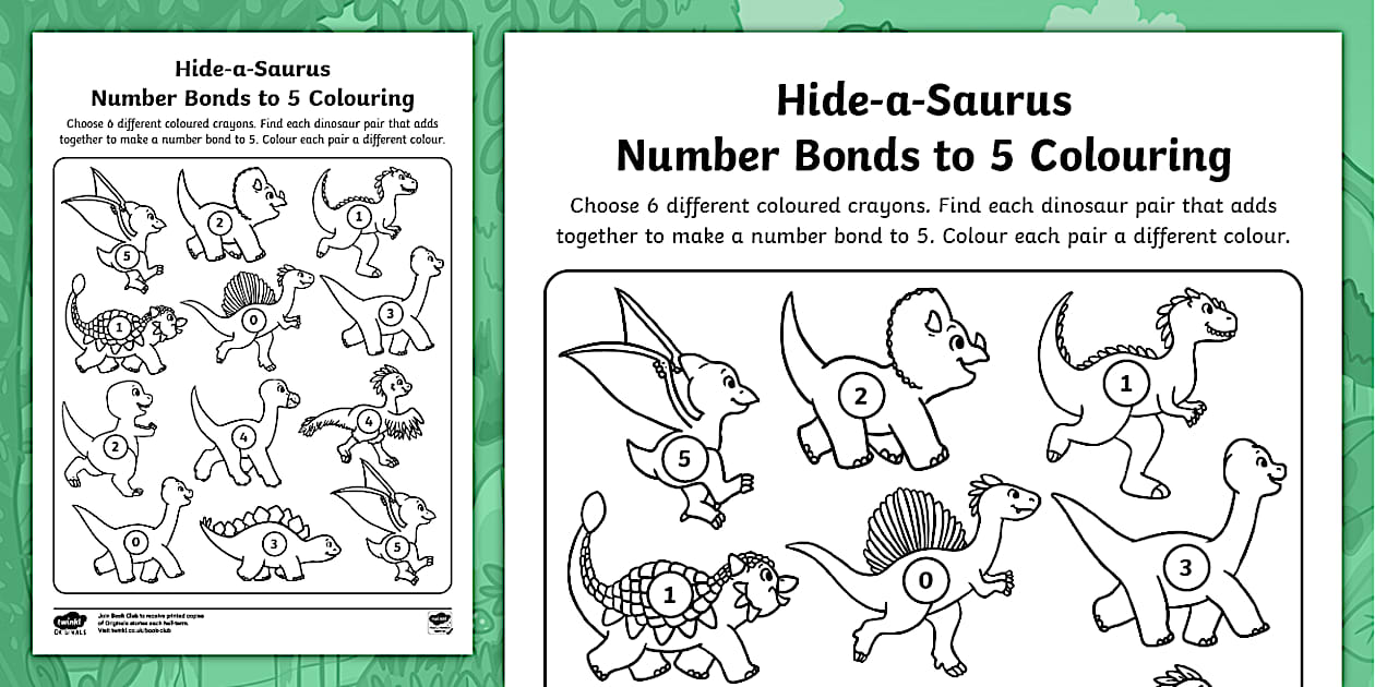 Hide-a-Saurus Dinosaur Number Bonds to 5 Colouring Activity Sheet