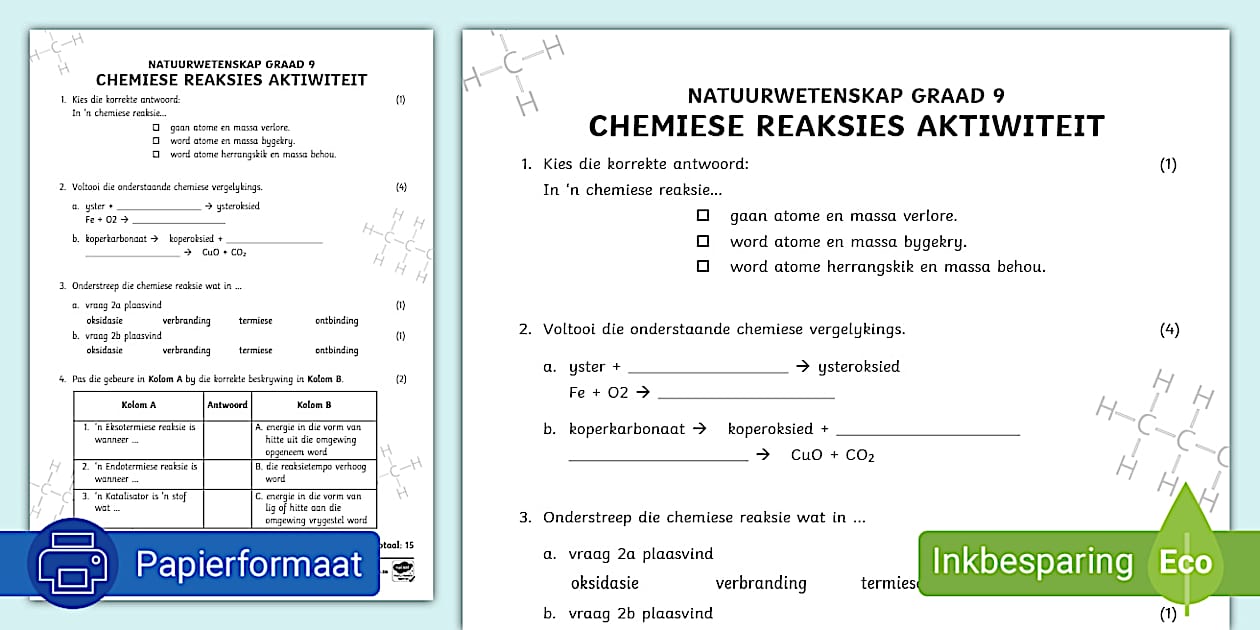 Chemiese Reaksies Aktiwiteit (teacher made) - Twinkl