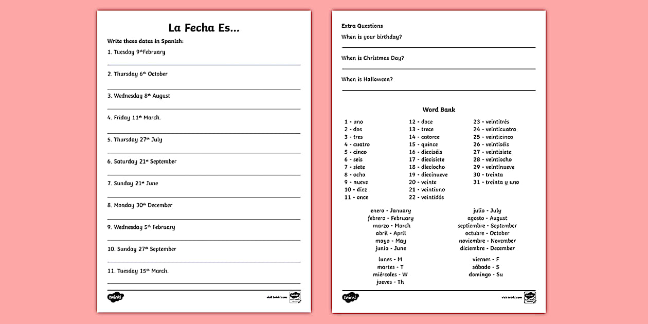 Spanish Date Writing Worksheet - Months of the Year - Twinkl