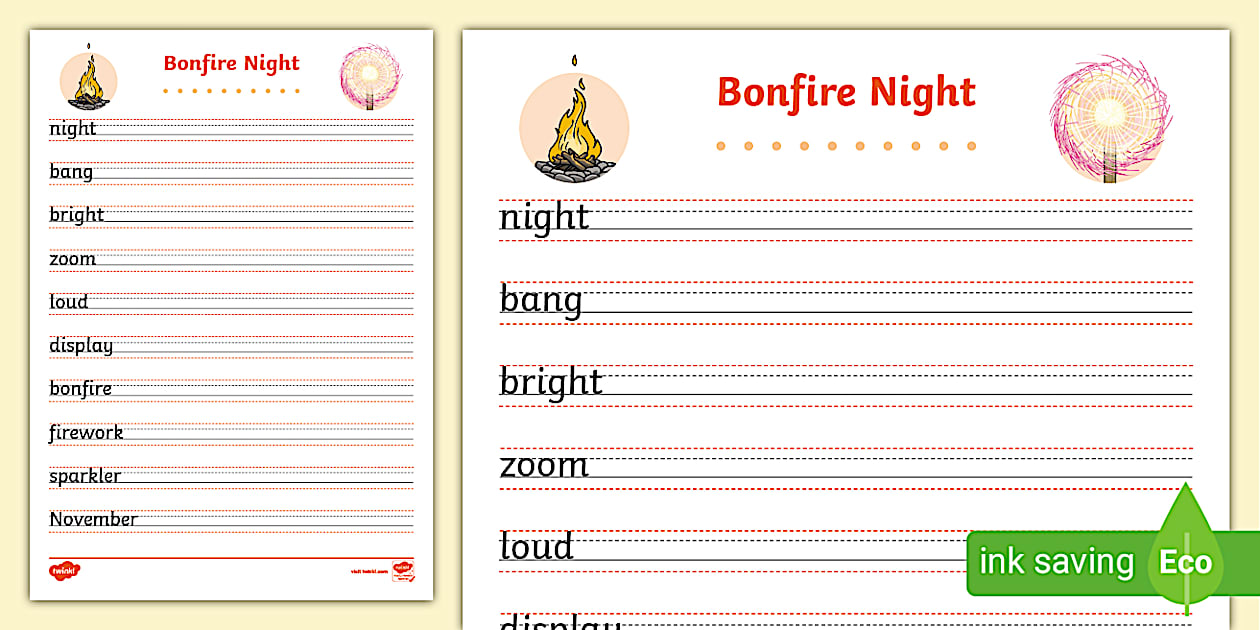 Bonfire Night Handwriting Practice, Fireworks Handwriting