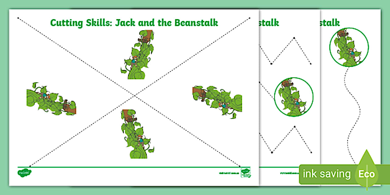 Black and White Jack and the Beanstalk Themed Cutting Skills Worksheet