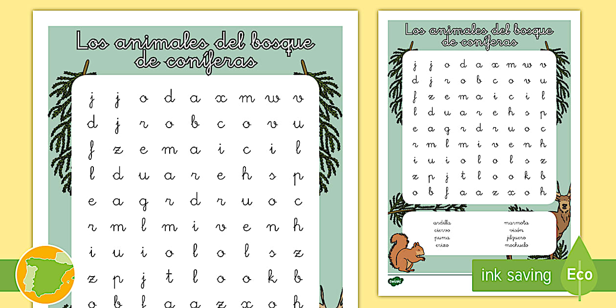 Sopa de letras: Los animales del bosque de coníferas