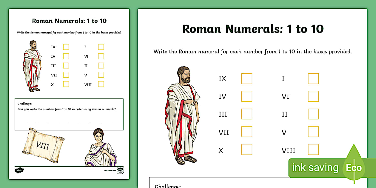 👉 Roman Numerals 1 to 10 Worksheet - Twinkl