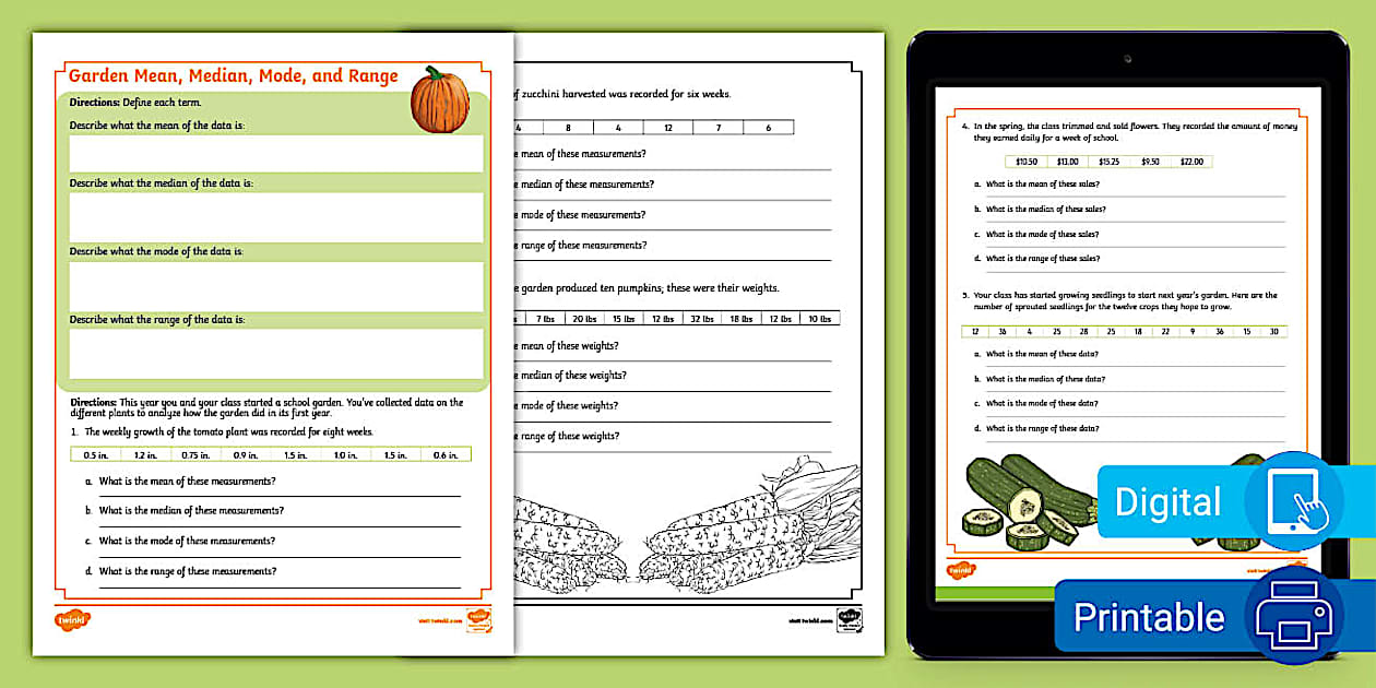 Sixth Grade Garden Mean, Median, Mode, and Range Math Worksheet