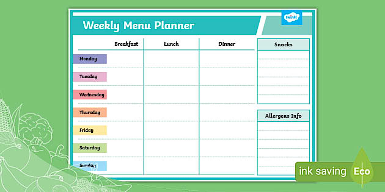 Weekly Menu Planner | Twinkl Yum (teacher made) - Twinkl