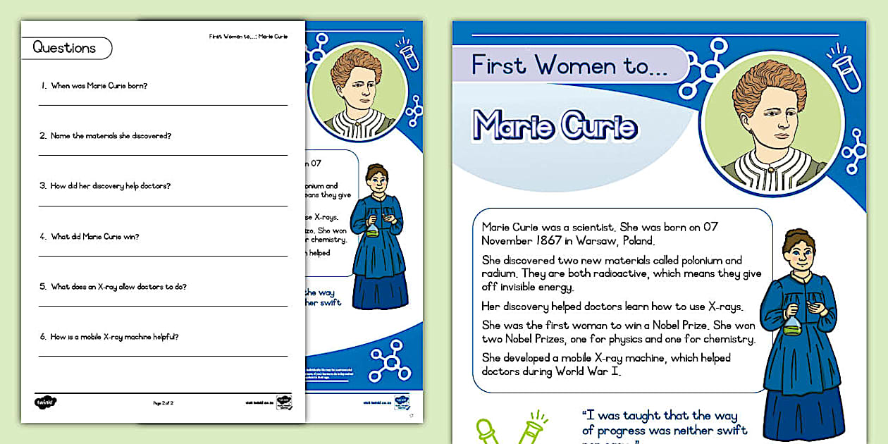 First Woman to…: Marie Curie – Reading Comprehension Card 1
