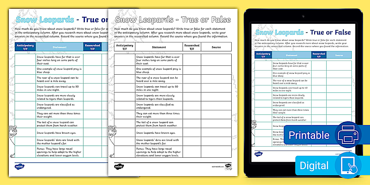 Snow Leopard True or False Anticipatory Worksheet | Twinkl