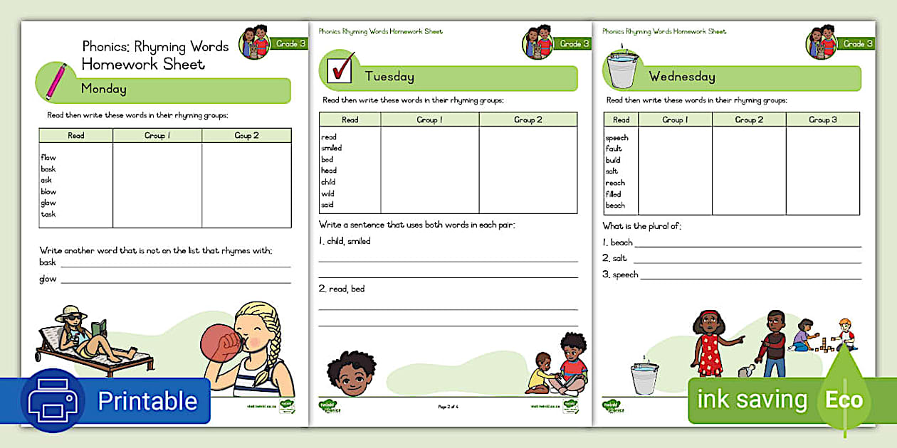 Grade 3 Phonics: Rhyming words Homework Sheet (teacher made)