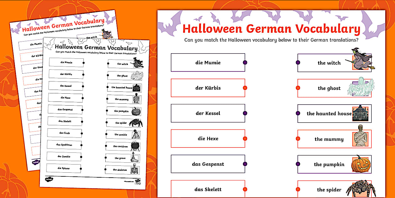 👉 Halloween German Vocabulary Matching Worksheet - Twinkl
