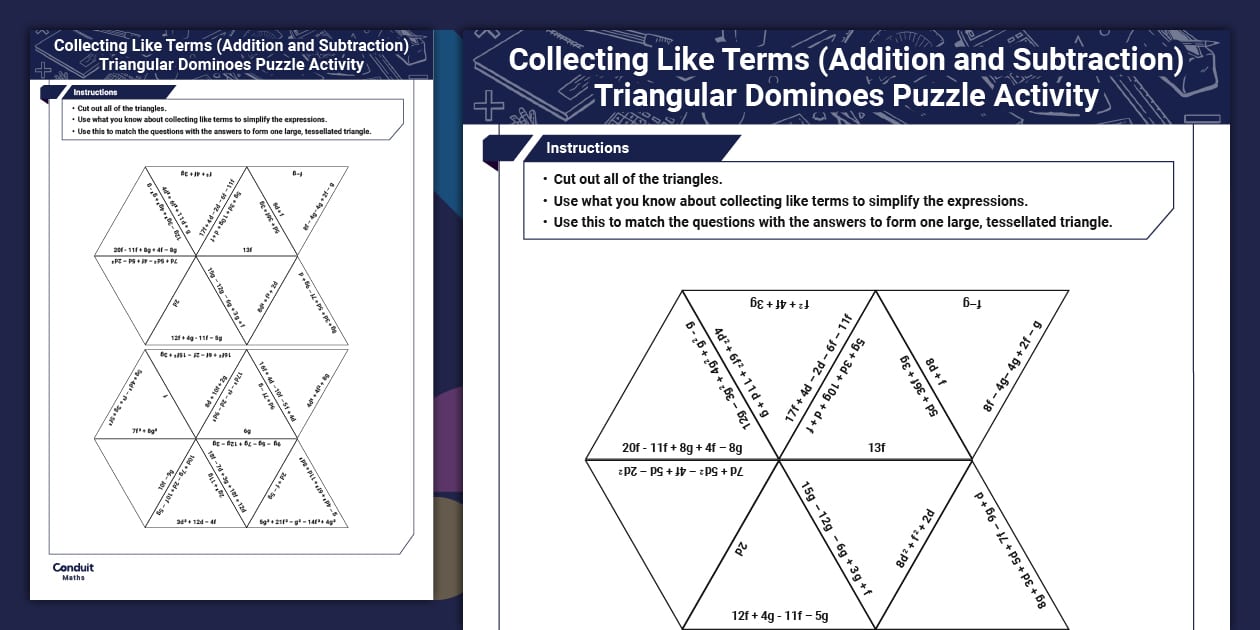 Collecting Like Terms (+ and -) Triangular Puzzle Activity
