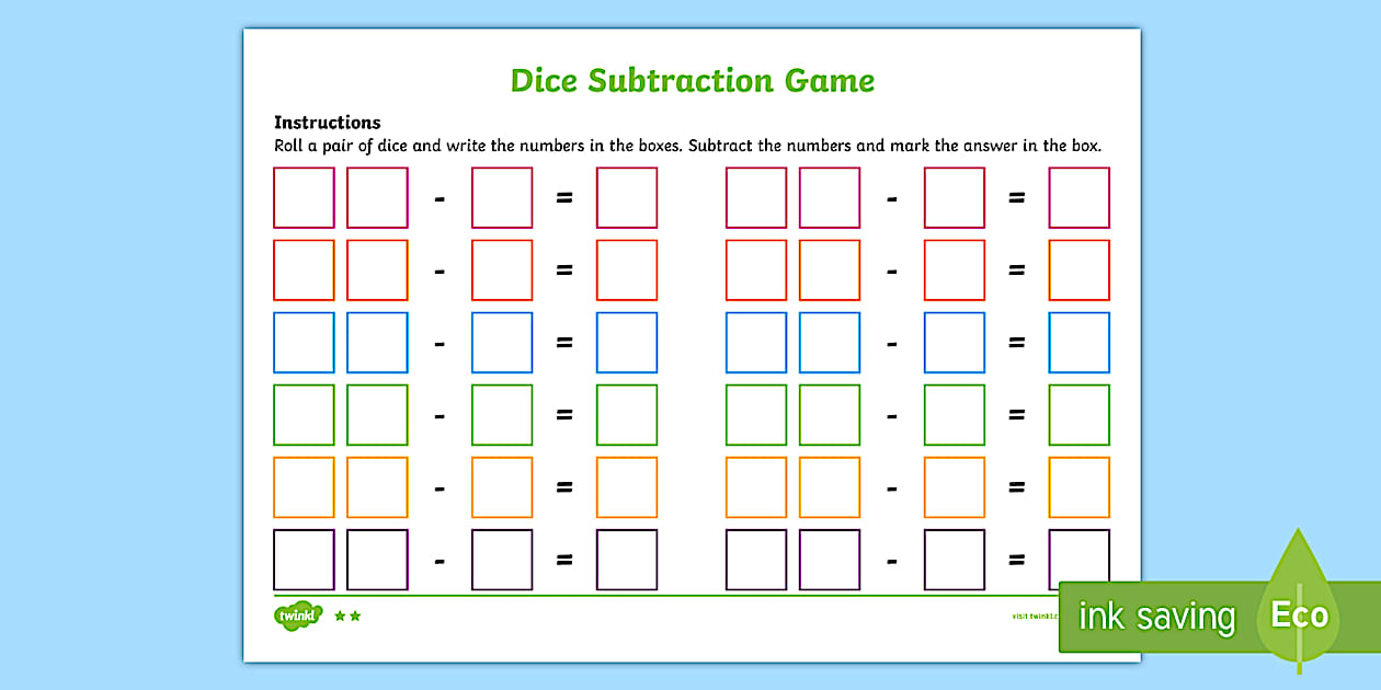 Dice Game Subtraction Worksheet - Maths - F-2 (teacher made)
