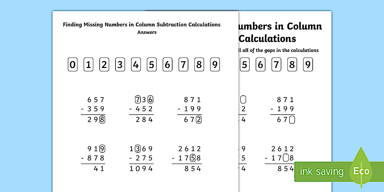 Editable Find Missing Numbers in Column Subtraction Calculations Editable Find Missing Numbers in Column Subtraction Calculations