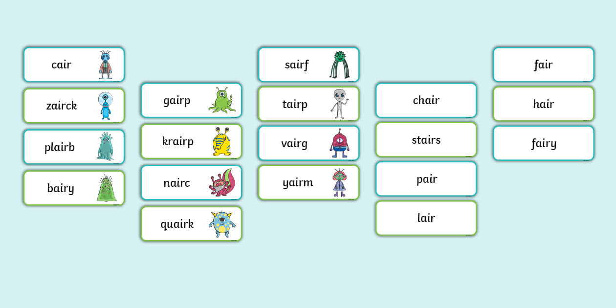 Real and Alien 'air' Word Cards | Phase 3 Phonics | KS1