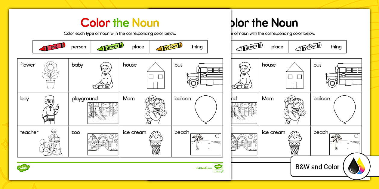 Kindergarten Color the Noun Worksheet (teacher made)
