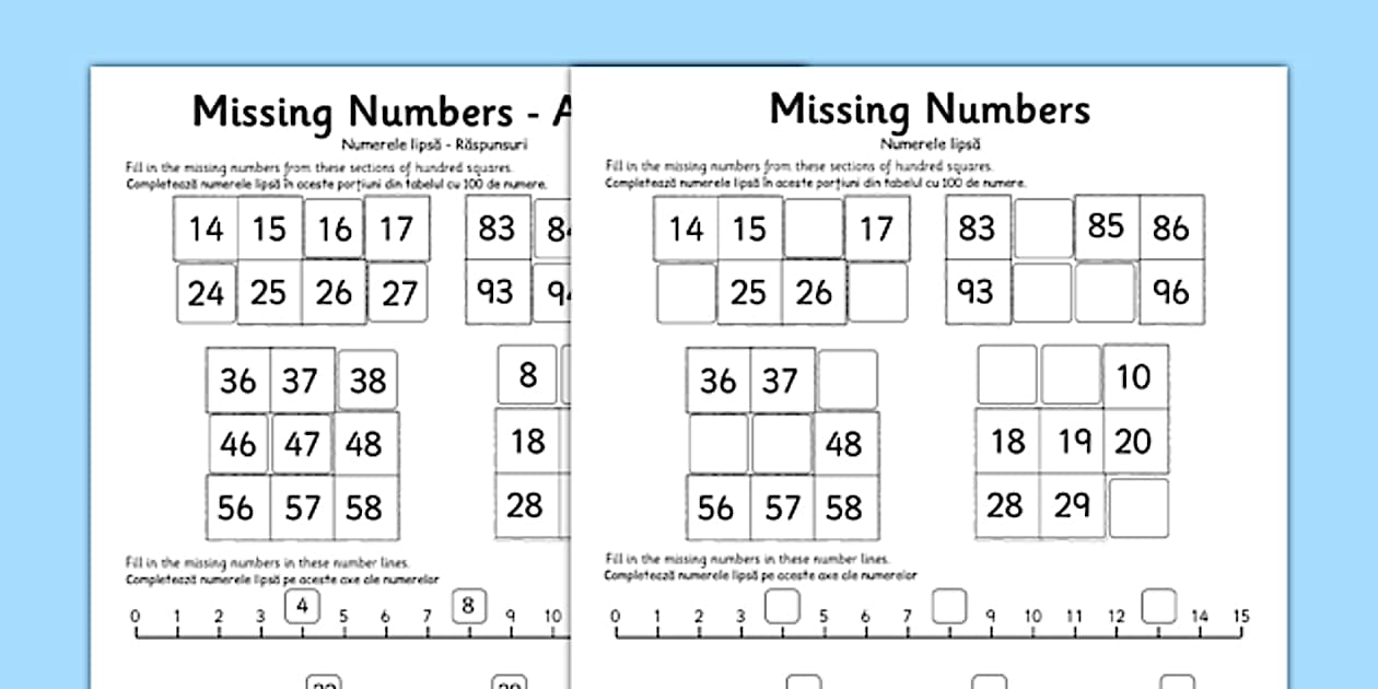 Missing Numbers Worksheet Romanian (Hecho por educadores)