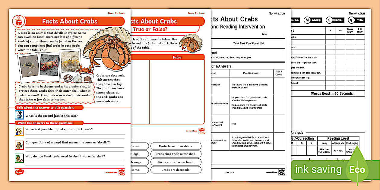 Level 7: 'Facts About Crabs' 60-Second Reading Set 2 Intervention Pack