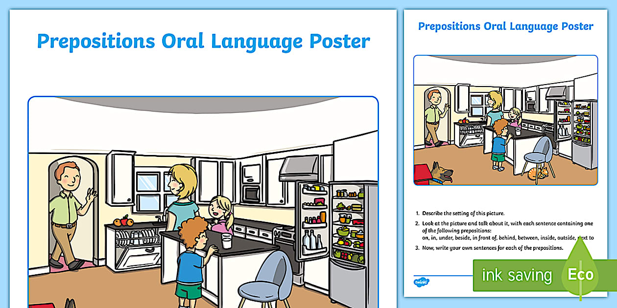 Black and White Preposition Oral Language Poster - Twinkl