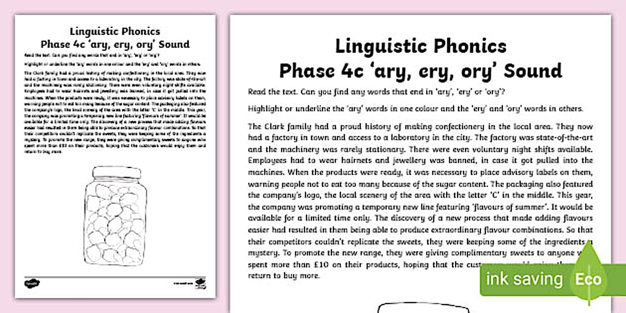 Linguistic Phonics Phase 4c ‘ary, ery, ory’ Text Search Worksheet