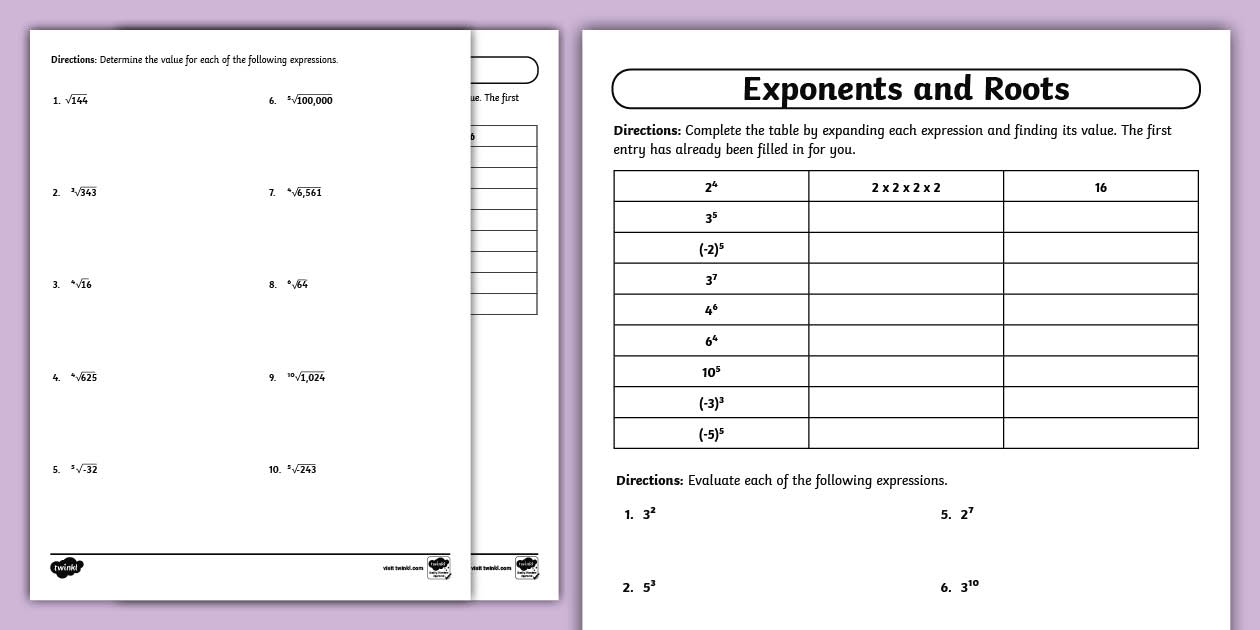 Eighth Grade Exponents and Roots Worksheet (teacher made)