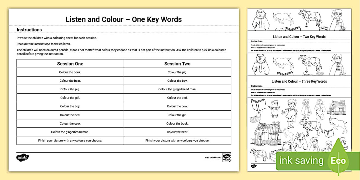 Listen and Colour Key Words Activities (teacher made)