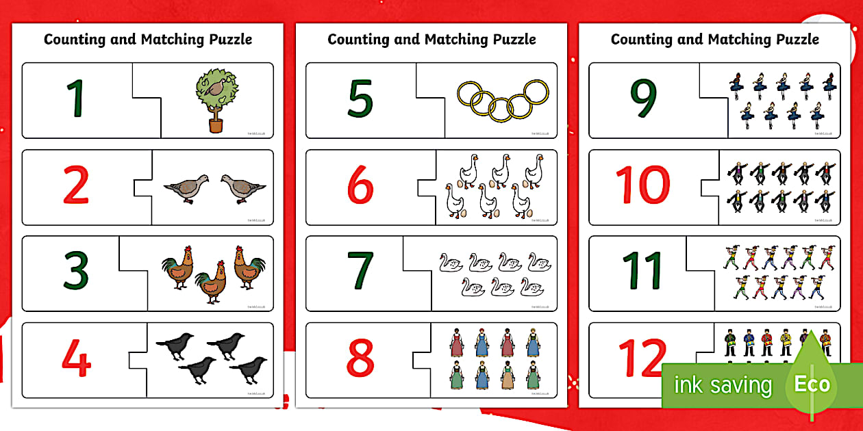 12 Days of Christmas Counting Puzzle Activity - KS1 Resource