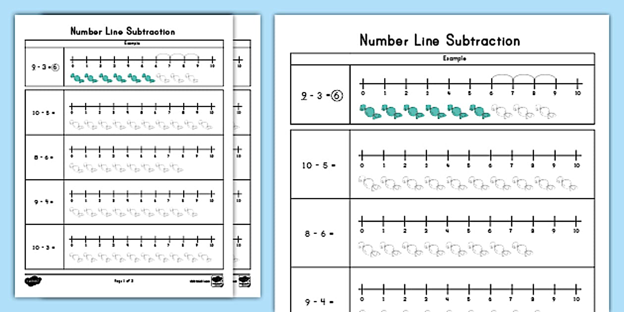 Number Line Subtraction From 10 Worksheet for K-1st Grade