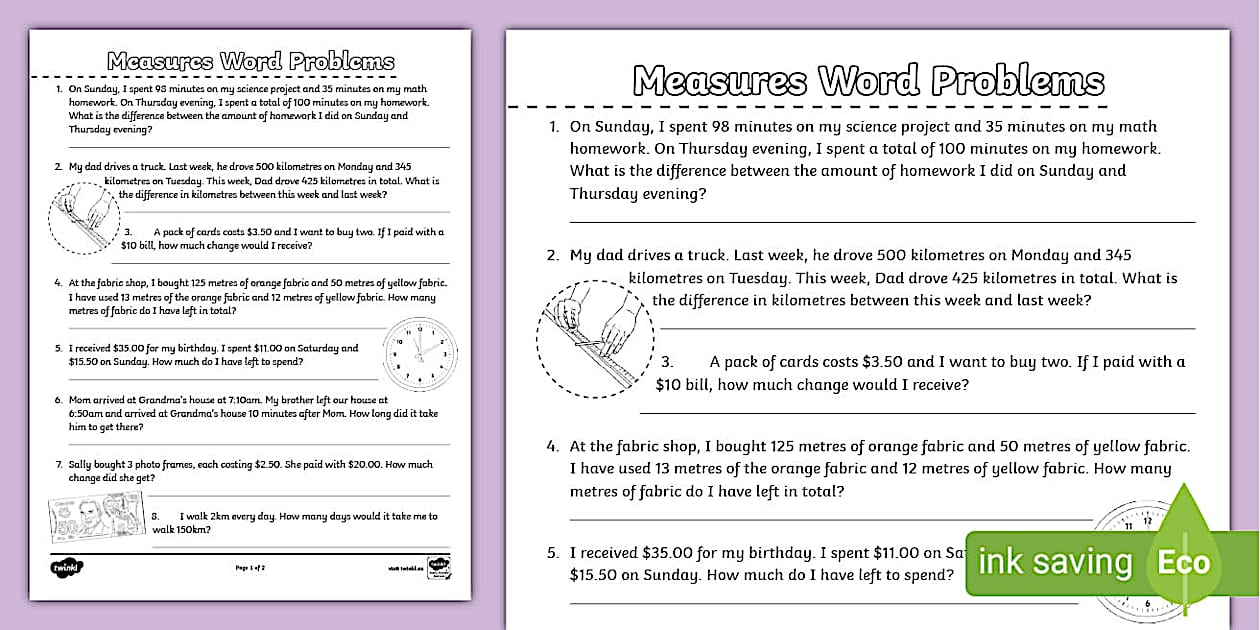 Measurement Word Problems Worksheet (teacher made) - Twinkl