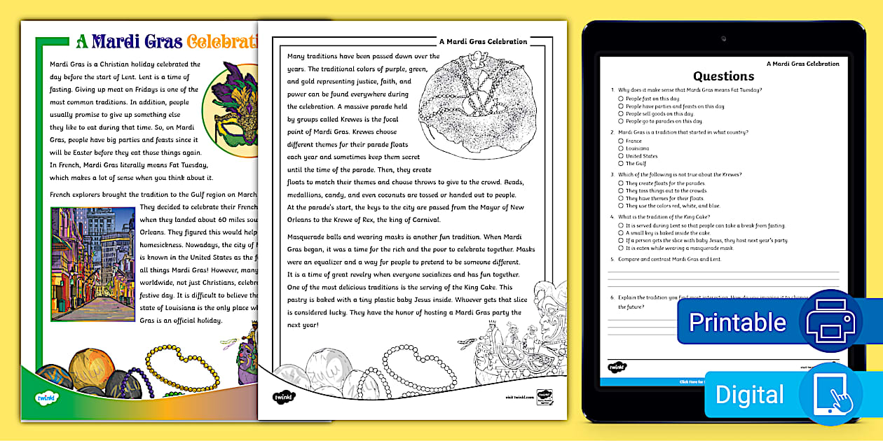 Sixth Grade Mardi Gras Reading Comprehension Worksheet