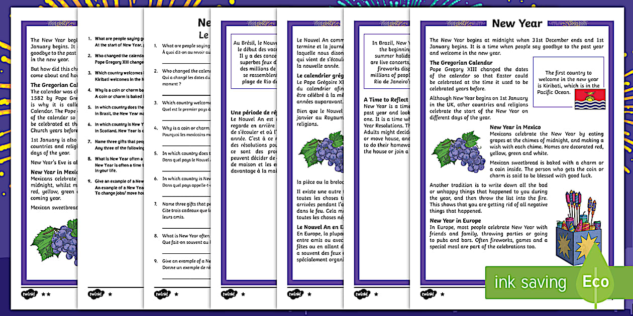 New Year Differentiated Reading Comprehension Activity English/French