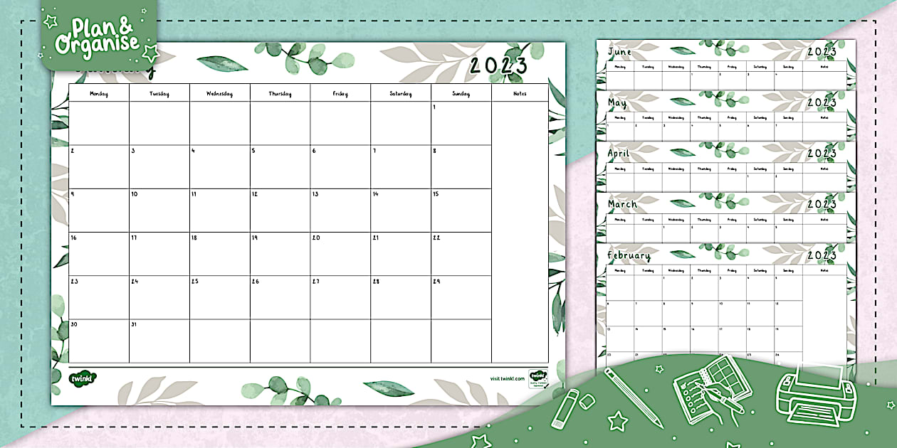 Botanical Themed | Month at a Glance Calendar | Full Year 2023