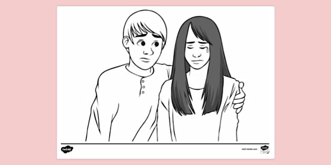 Arm Around Crying Friend Colouring Sheet | Colouring Sheets
