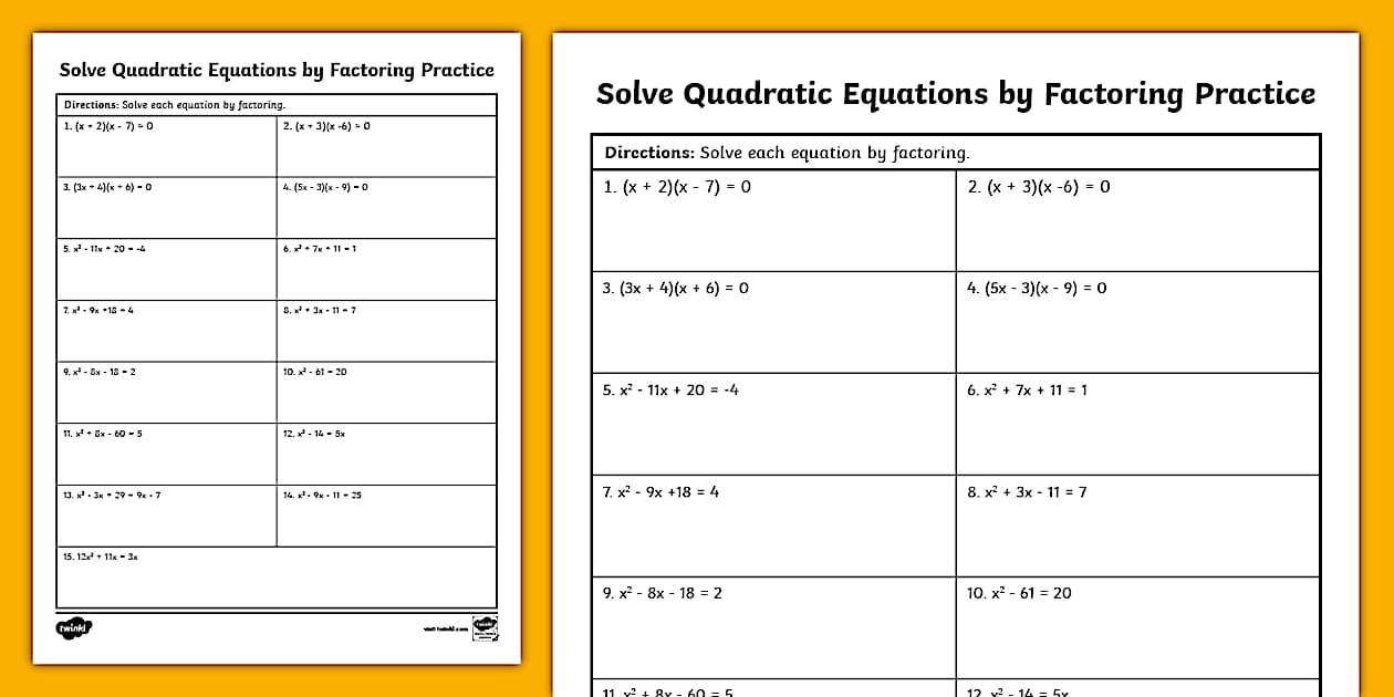 Algebra I Solve Quadratic Equations by Factoring Practice
