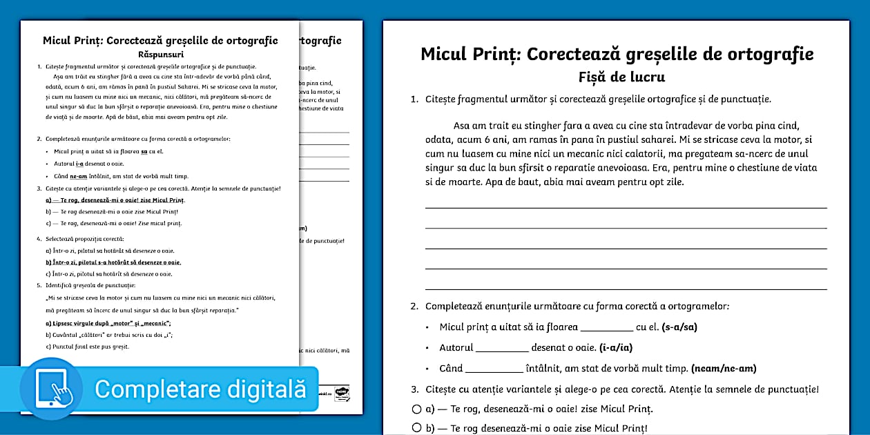 Micul Prinț: Corectează greșelile de ortografie – Fișă