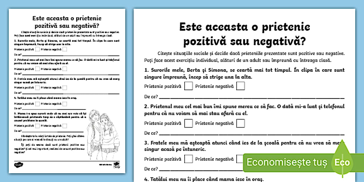 Prietenii pozitive sau negative – Fișă de lucru - Twinkl