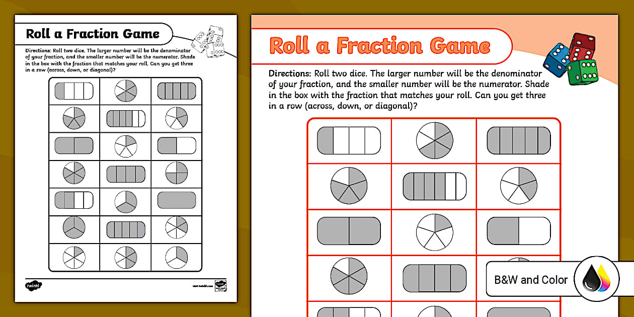 Third Grade Roll a Fraction Game (Circles and Bars) - Twinkl