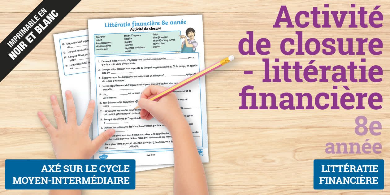 Grade 8 Financial Literacy Cloze Activity French