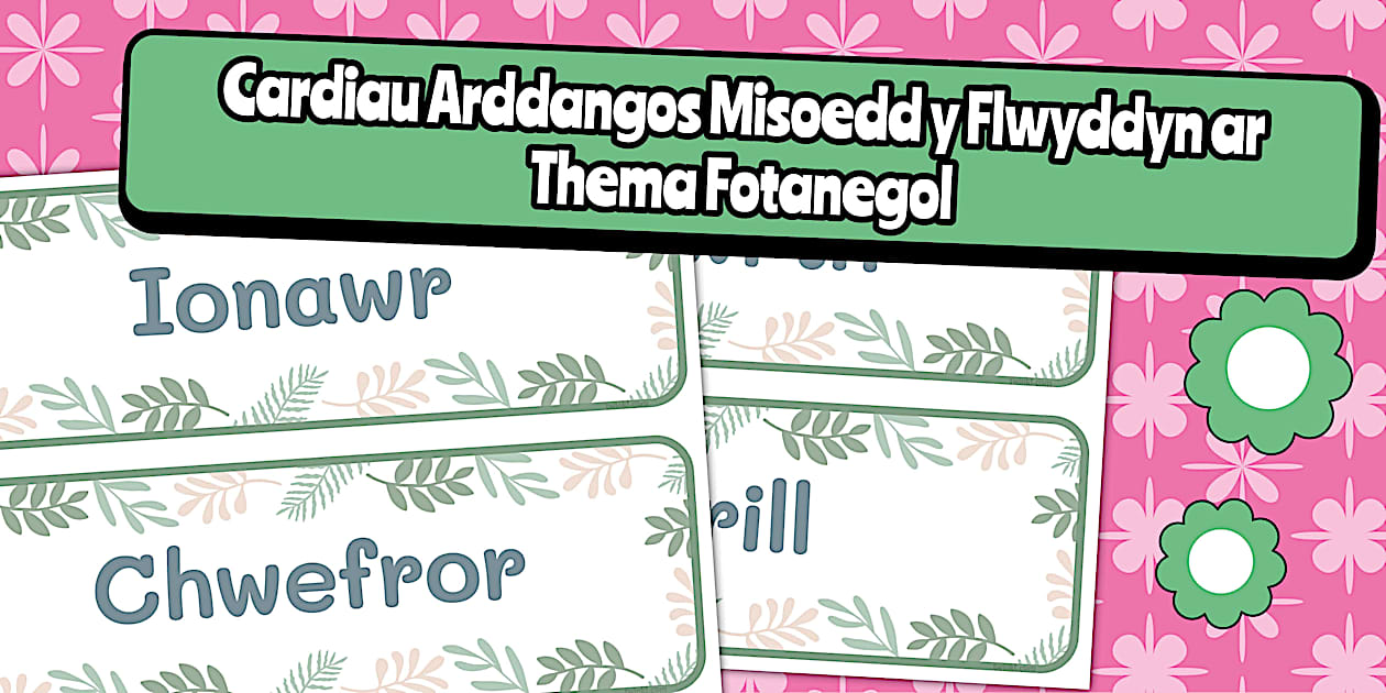 Cardiau Arddangos Misoedd y Flwyddyn ar Thema Fotanegol