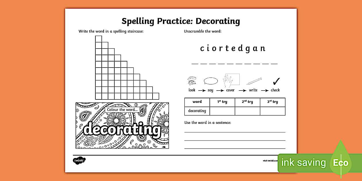 Decorating Spelling Practice Worksheet (teacher made)