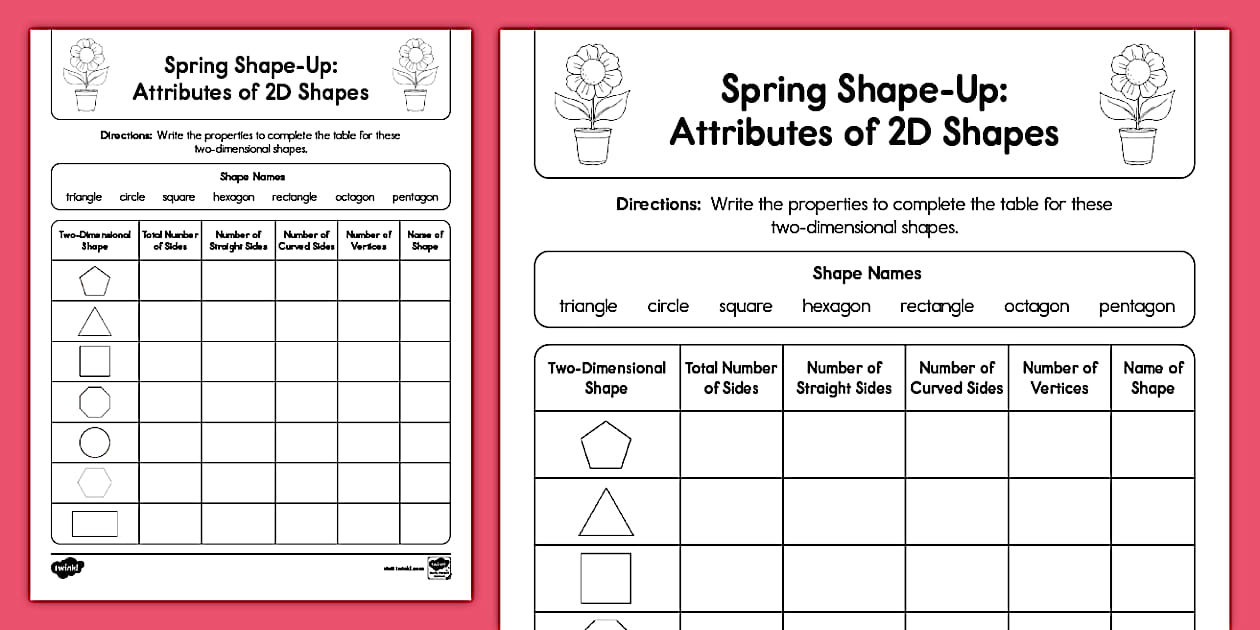 2nd Grade Spring Shape-Up: Attributes of 2D Shapes Worksheet