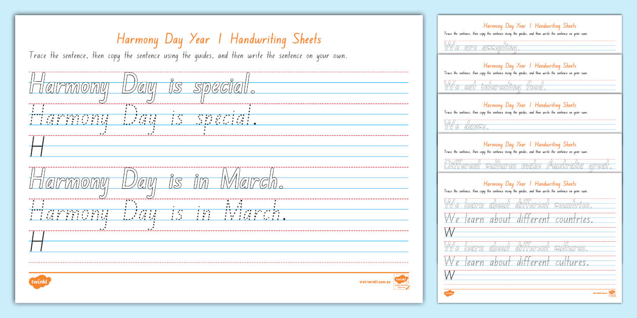 Harmony Week Year 1 Handwriting Worksheet - English