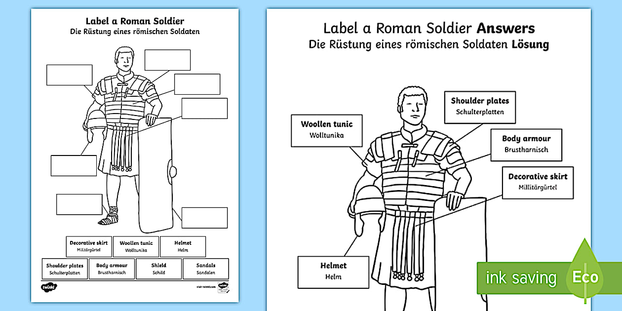 Label a Roman Soldier Worksheet English/German - Twinkl