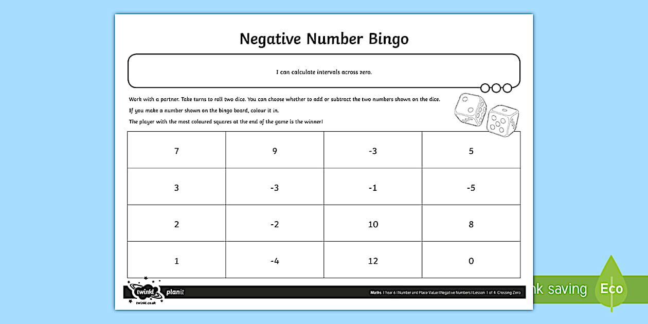 Negative Number Bingo Worksheet / Worksheet (teacher made)
