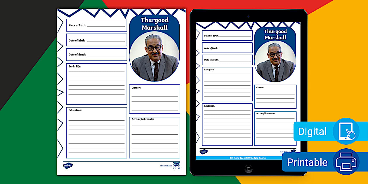 All About Thurgood Marshall Research and Write Worksheet for 3rd-5th Grade